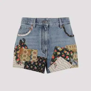 Valentino Garavani Denim Patchwork Shorts With Animal Embroidery - Blue