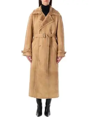 SWORD 6644 Mongolian Shearling Double Breasted Cropped Jacket - Beige