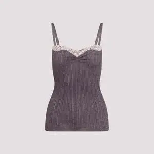 Valentino Garavani Ribbed Metallic Fiber Top With Lace Trim - Red