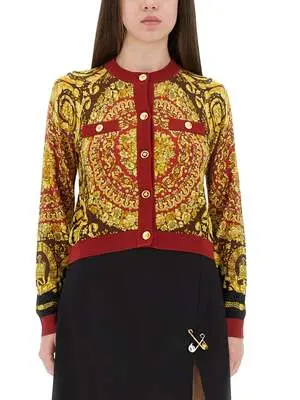 Versace Baroque Silk Knit Cardigan - Red