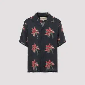 Valentino Garavani Linen Bowling Shirt With Papier Floral Print For - Black