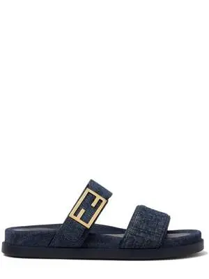 Fendi Double-band Embroidered Slides With Decorative Buckle - Blue
