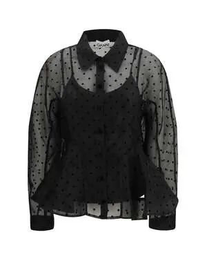 GANNI Sheer Polka Dot Button-up Blouse