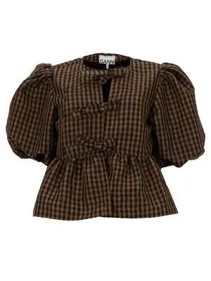 GANNI Checked Puff Sleeve Peplum Top