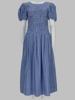 GANNI Striped Smocked Puff Sleeve Midi Dress - Blue