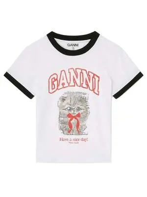 GANNI Cropped Organic Cotton T-shirt With Graphic Print - White