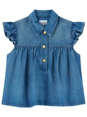 GANNI Sleeveless Blouse With Ruffle Trim - Denim