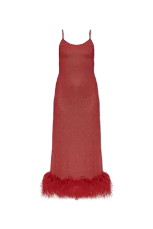 Oseree Feather Trim Maxi Dress - Red