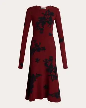 Erdem Floral Jacquard Knit Long-sleeve Midi Dress - Red