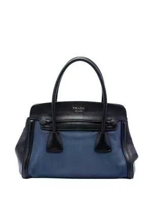 Prada Bicolor Saffiano Leather Trimmed Canvas Satchel - Blue