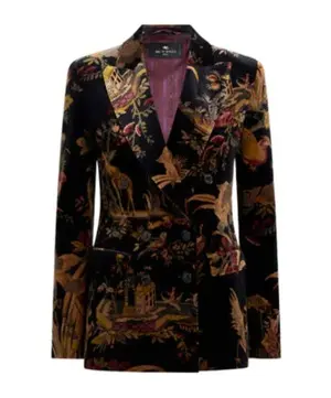 Etro Double-breasted Velvet Jacket With Floral And Animal Print - Black