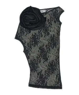 Vaquera Asymmetric Floral Lace Top With Fabric Flower Detail - Black
