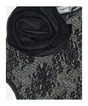 Vaquera Asymmetric Floral Lace Top With Fabric Flower Detail