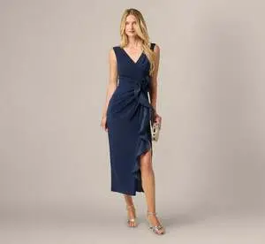 Adrianna Papell Rosette Drape Stretch Ankle Length Wrap Dress