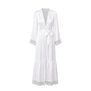 OH!ZUZA NIGHT&DAY White / Gold Grace Satin Viscose Long Robe Chiffon Lace Cream - White/gold