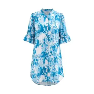 OH!ZUZA NIGHT&DAY Blue / White Frida Satin Viscose Nightdress Frill Sleeves Blue Print - Blue/white