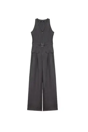 NOCTURNE Sleeveless V-neck Jumpsuit With Metal Belt Detail - Grey