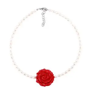 MINERALGEMS ✩ STUDIO White / Red Pearl Choker With Red Rose - White/red
