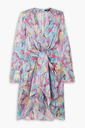 Balmain Embellished Draped Printed Silksatin Mini Dress