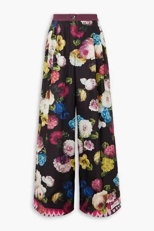 Dolce & Gabbana Floralprint Silktwill Wideleg Pants - Black