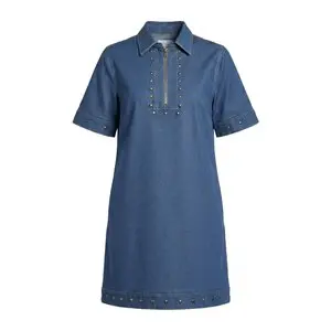 MODENAIRE Studded Denim Mini Dress Half Zip - Blue