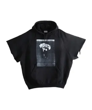Balenciaga Short Sleeve Cut-off Hoodie With Floral Print - Black