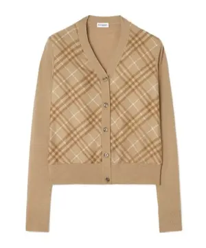 Burberry Check Panel Wool Silk Cardigan - Camel