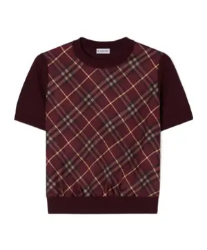 Burberry Check Panel Wool Silk T-shirt - Vineyard Red