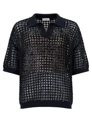 Brunello Cucinelli Polo In Maglia Di Seta E Lino - Blue