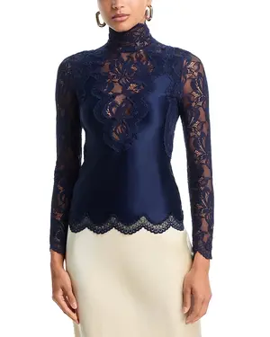 Rabanne Lace Mock Neck Top - Deep Navy