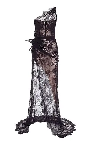 Monse One Shoulder Draped Lace Gown