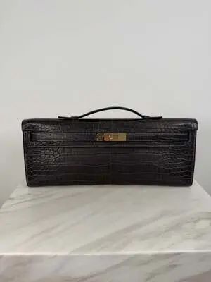 Hermès Kelly Handbag In Graphite Matt Porosus Leather With Permabrass Hardware - Grey