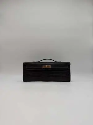 Hermès Kelly Handbag In Graphite Matt Porosus Leather With Permabrass Hardware - Grey