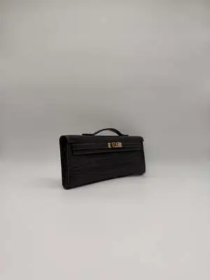 Hermès Kelly Handbag In Graphite Matt Porosus Leather With Permabrass Hardware - Grey