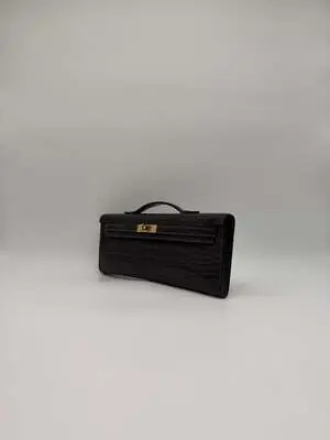 Hermès Kelly Handbag In Graphite Matt Porosus Leather With Permabrass Hardware - Grey