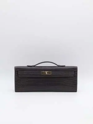 Hermès Kelly Handbag In Graphite Matt Porosus Leather With Permabrass Hardware - Grey
