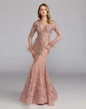 MAC DUGGAL COLLECTION Long Sleeve Feather Embellished Mermaid Gown