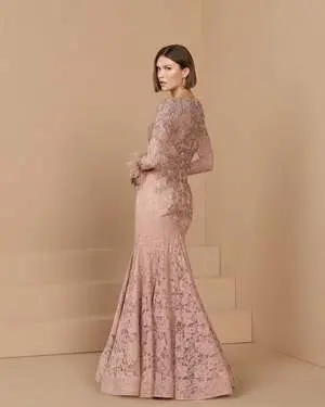 MAC DUGGAL COLLECTION Long Sleeve Feather Embellished Mermaid Gown