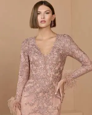 MAC DUGGAL COLLECTION Long Sleeve Feather Embellished Mermaid Gown