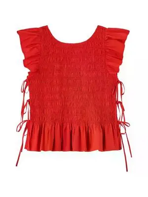 GANNI Shirred Ruffled Peplum Blouse - Red