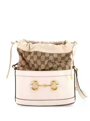 Gucci Horsebit 1955 Small Bucket Bag In Leather And Gg Canvas - Neutrals