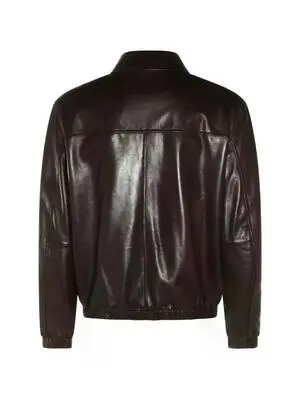 Canali Burgundy Calf Leather Zip-up Jacket - Brown