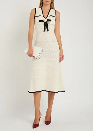 SELF-PORTRAIT Pointelle Knit Midi Dress With Floral Brooch