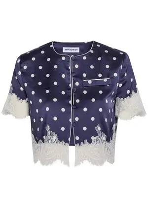 SELF-PORTRAIT Polka Dot Lace-trim Satin Cropped Top - Navy