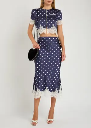SELF-PORTRAIT Polka Dot Lace-trim Satin Cropped Top - Navy