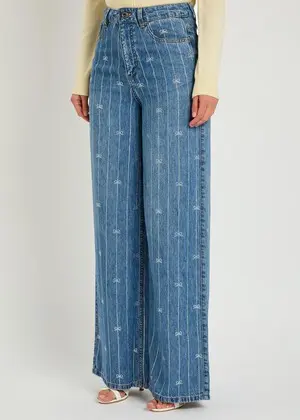 SELF-PORTRAIT Crystal Embellished Wide-leg Jeans