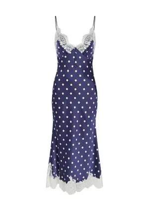 SELF-PORTRAIT Polka Dot Lace-trim Satin Midi Dress - Navy