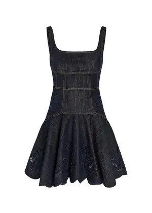 SELF-PORTRAIT Panelled Embroidered Denim Mini Dress - Blue