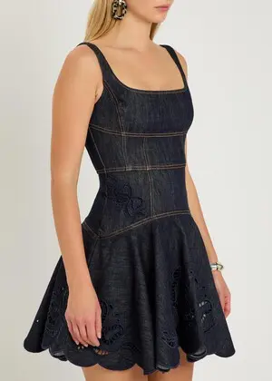 SELF-PORTRAIT Panelled Embroidered Denim Mini Dress - Blue