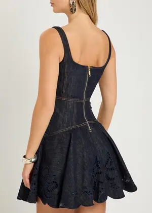SELF-PORTRAIT Panelled Embroidered Denim Mini Dress - Blue